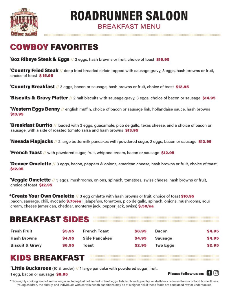 Menu - Roadrunner Cowboy Saloon